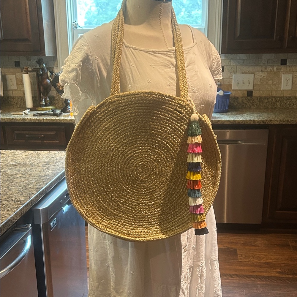 Handcrafted Straw Circle Bag With Multicolor Tassel 1… - Gem